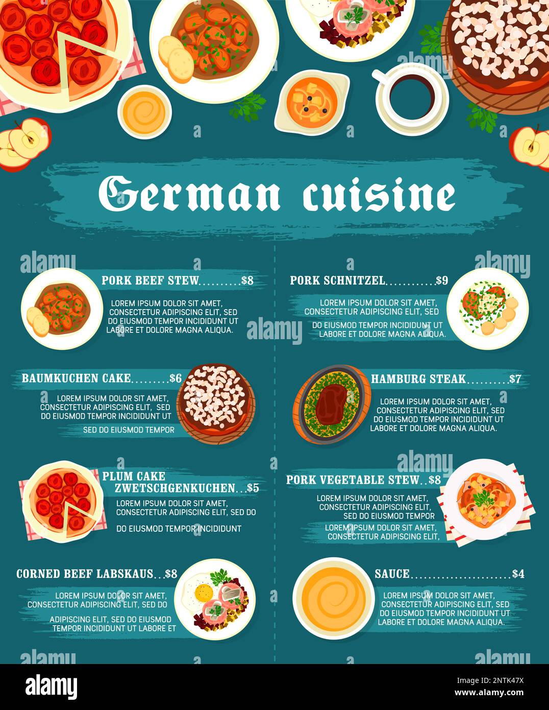 German cuisine restaurant food menu. Pork beef stew, corned beef ...