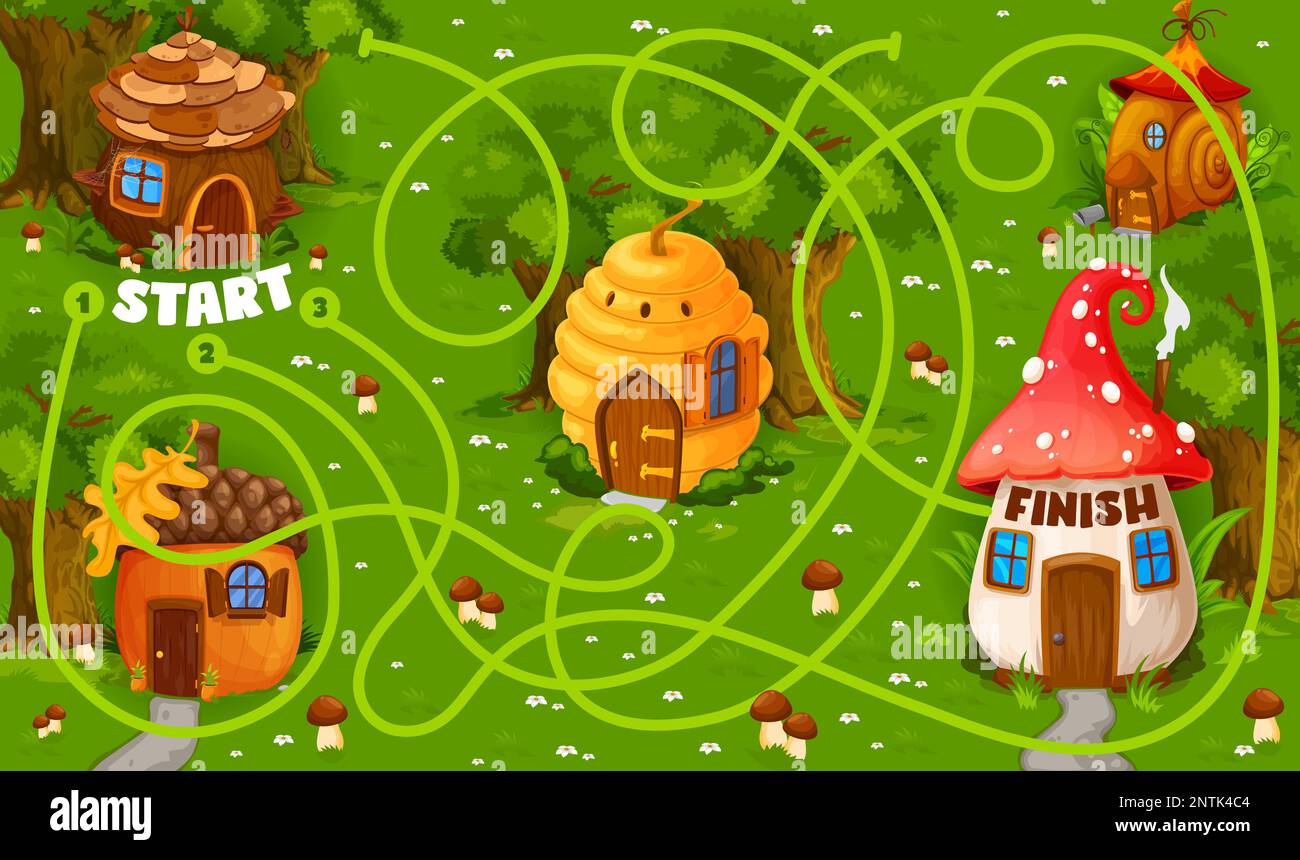 Labyrinth maze with fairytale cartoon houses. Child quiz or ...