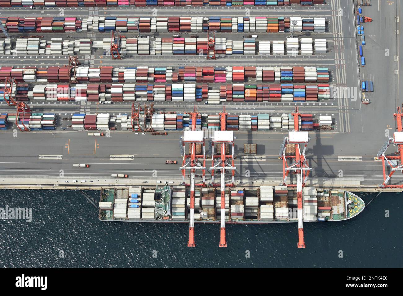 An aerial photo shows Container terminal at Port Island at Port of Kobe ...