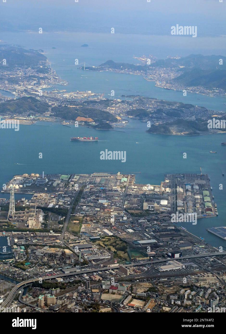 An aerial photo shows Kanmon Straits between Kitakyushu city, Fukuoka ...