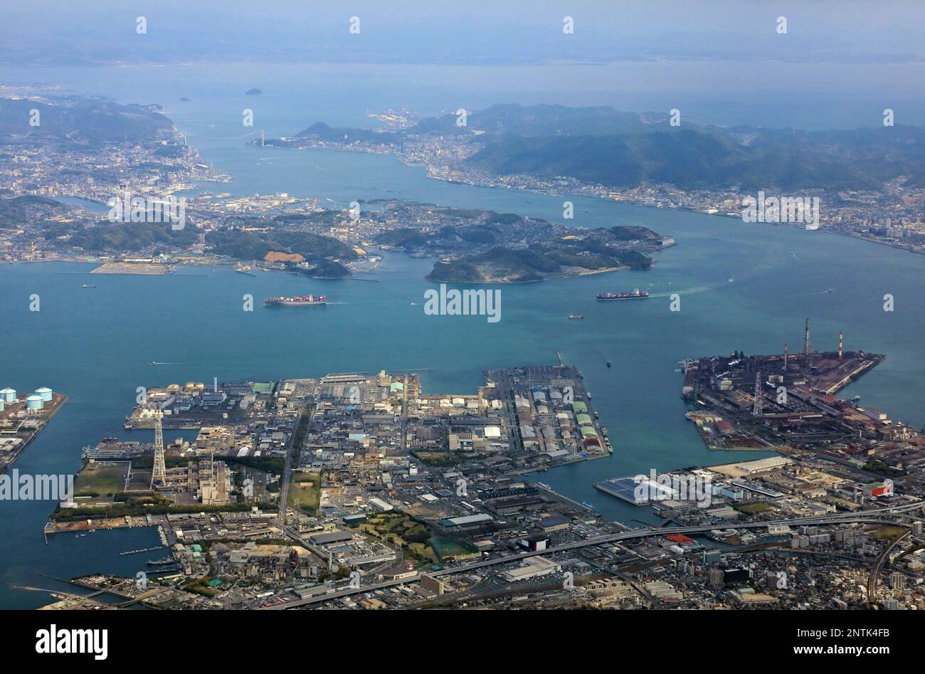 An aerial photo shows Kanmon Straits between Kitakyushu city, Fukuoka ...
