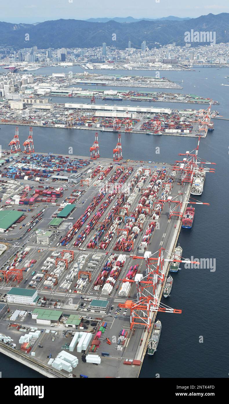 An aerial photo shows Container terminal at Port Island at Port of Kobe ...