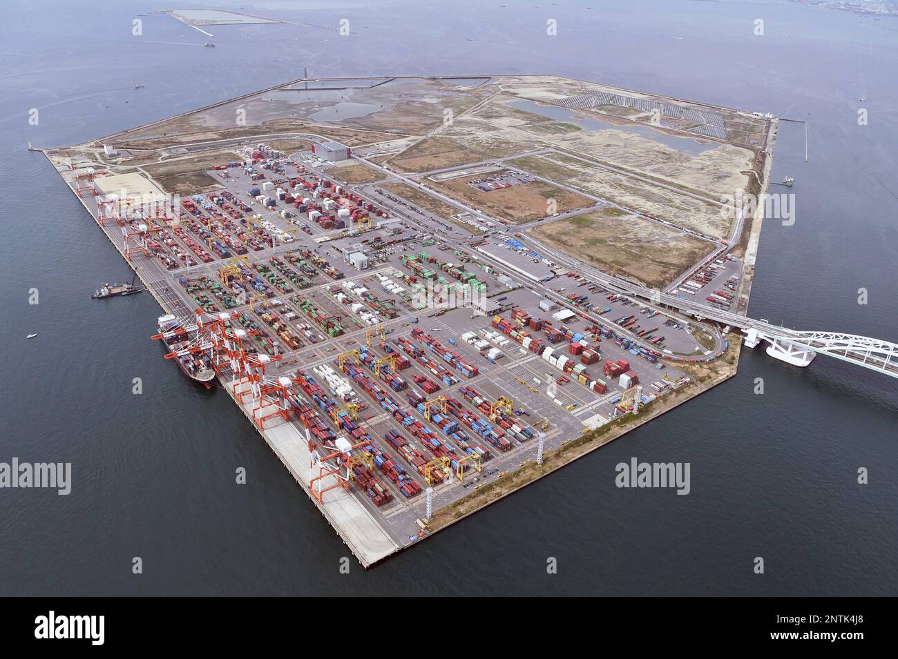 An aerial photo shows Yumeshima Container terminal operated by Dream ...