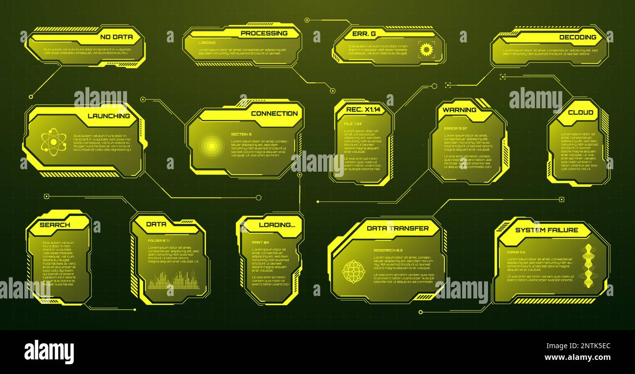 Yellow futuristic HUD, UI elements. Sci-fi user interface text boxes ...