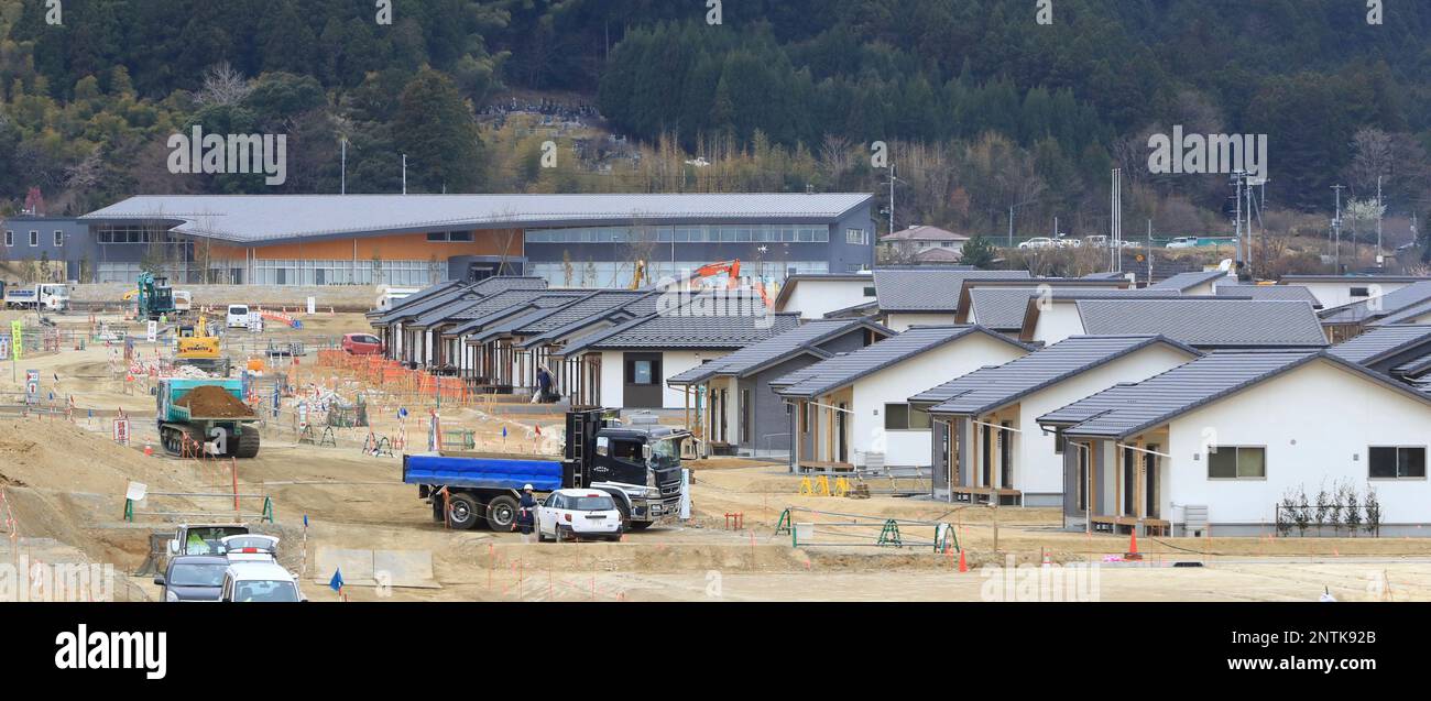 A photo shows public housing construction going on at Okawara district ...