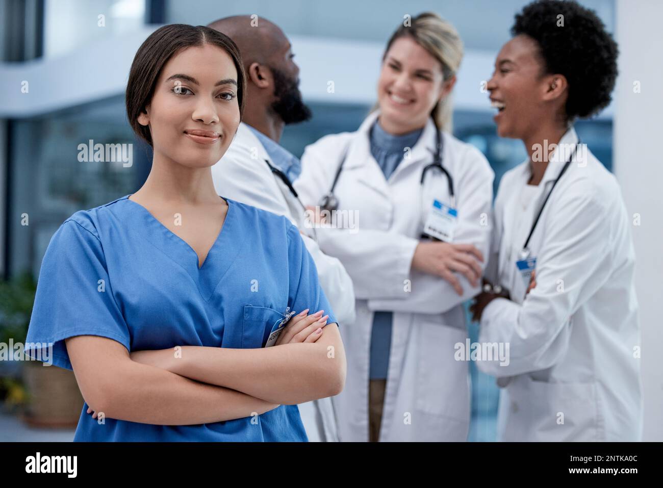 Woman, portrait and nurse in a hospital with clinic management vision ...