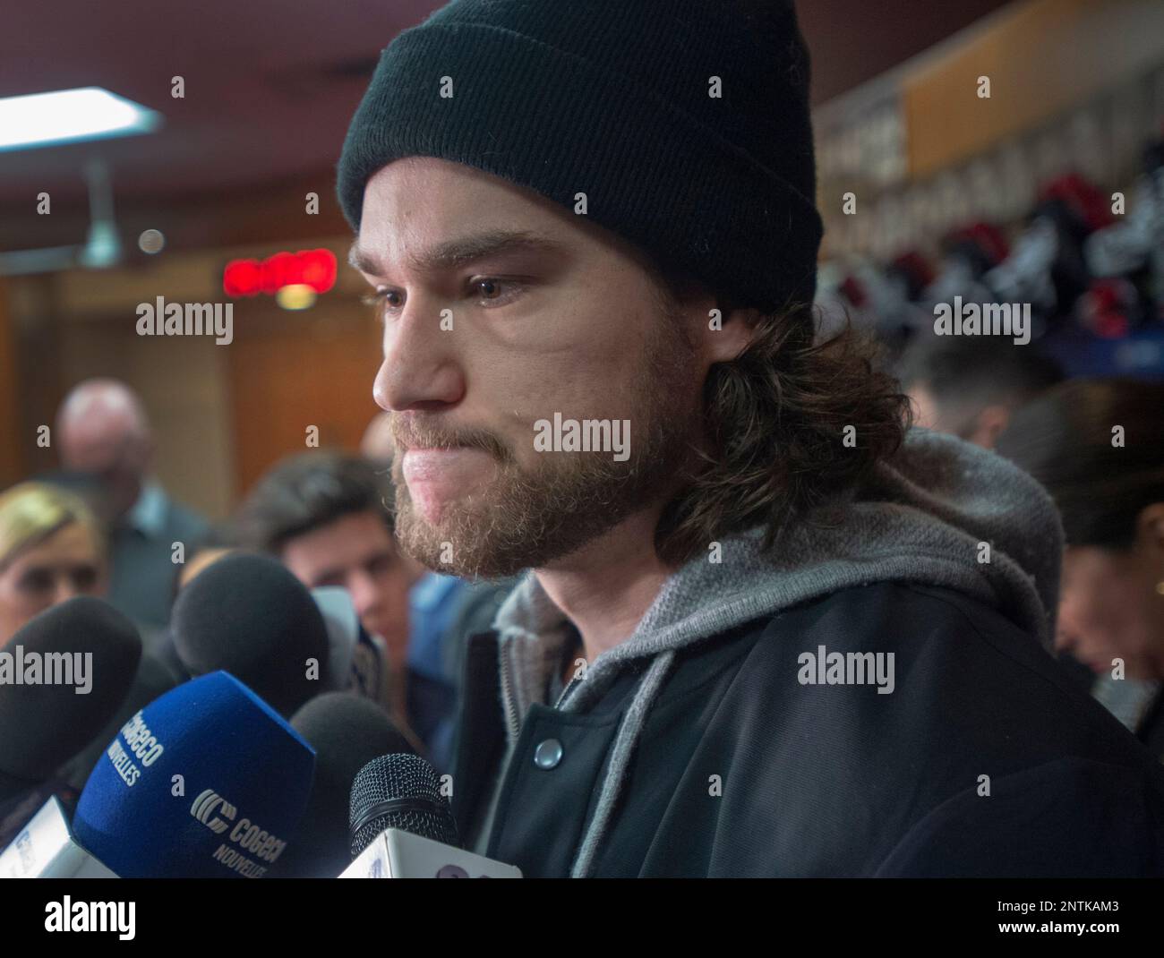 Montreal Canadiens left wing Jonathan Drouin speaks to the media at the ...