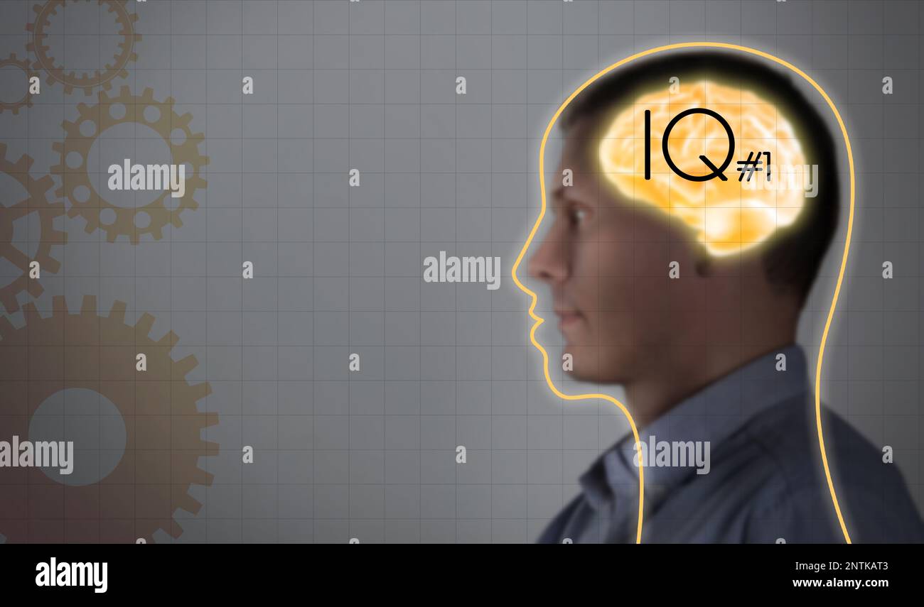 Illustrated brain and blurred view of man on grey background. IQ test ...