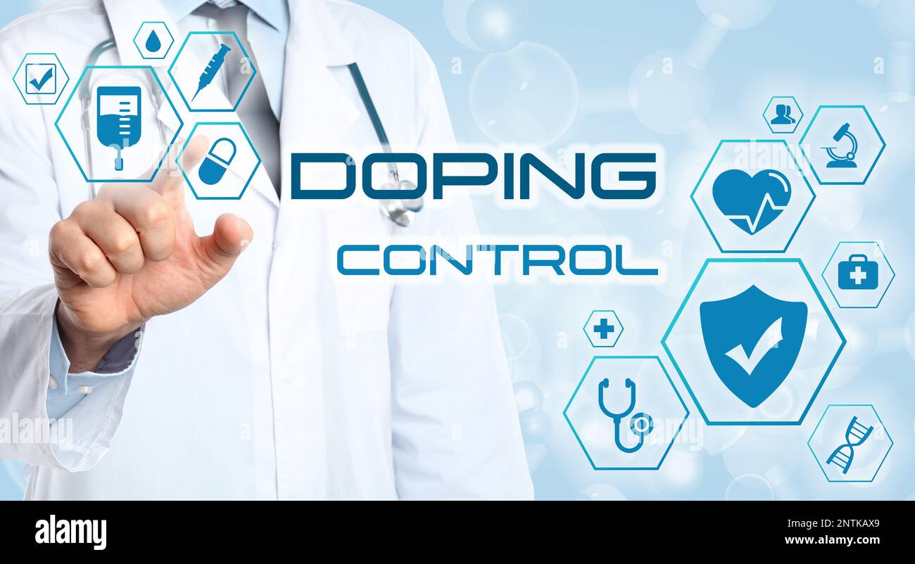 Doping control. Doctor pointing at virtual chart with icons on light ...