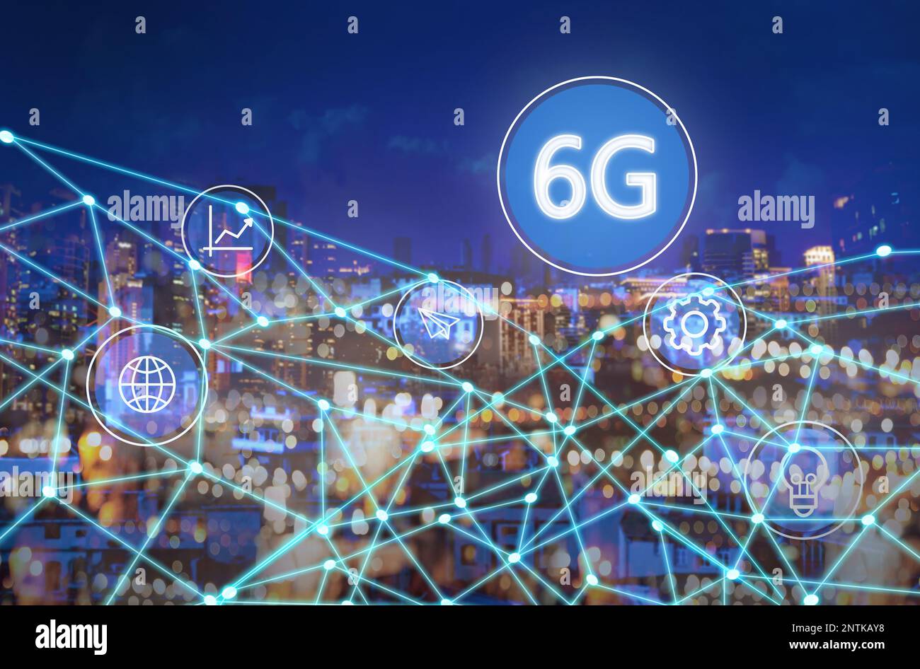 6G network wireless system. Beautiful cityscape and network connection ...