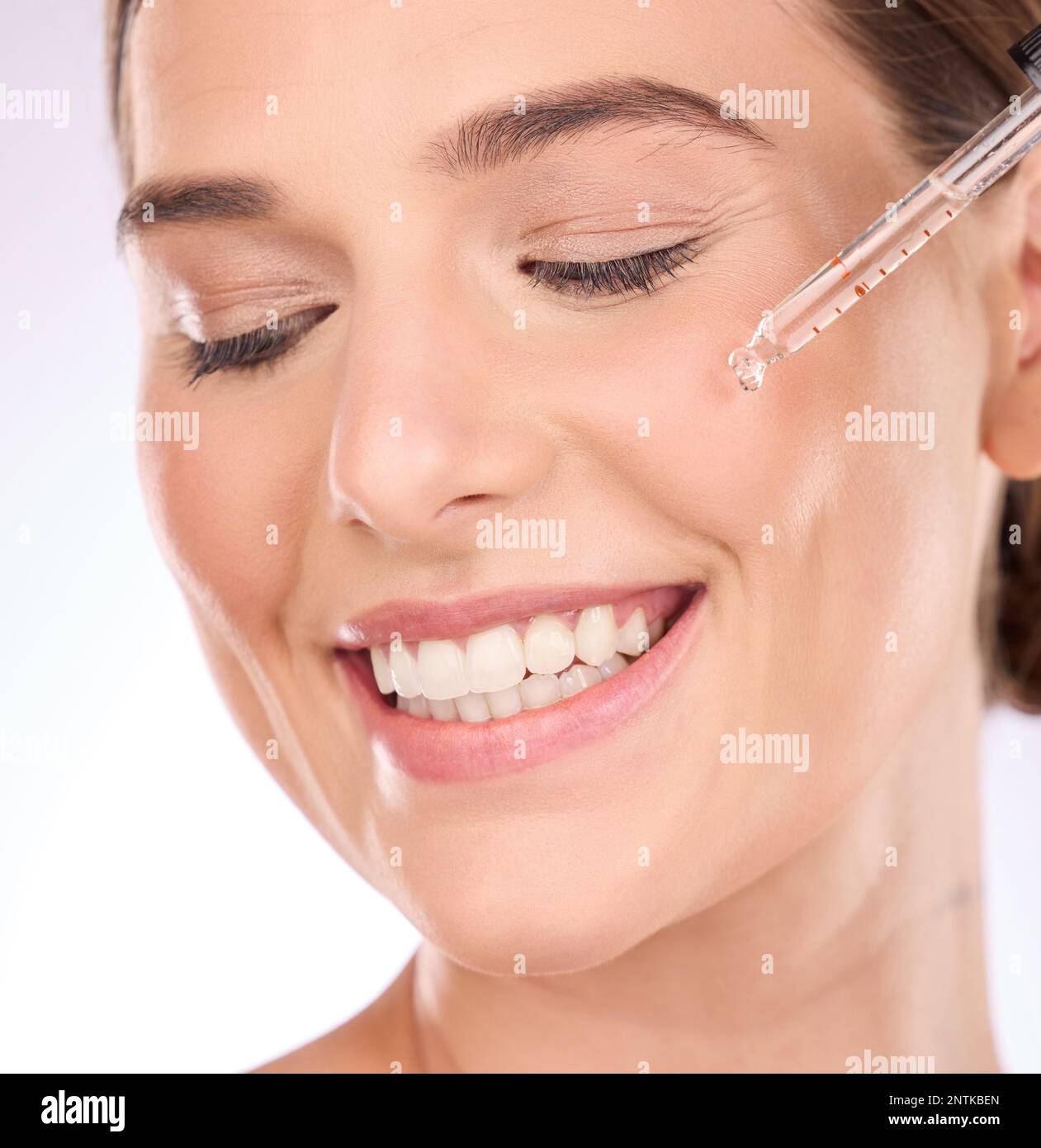 Oil, woman and skin or face for beauty and skincare with dermatology ...