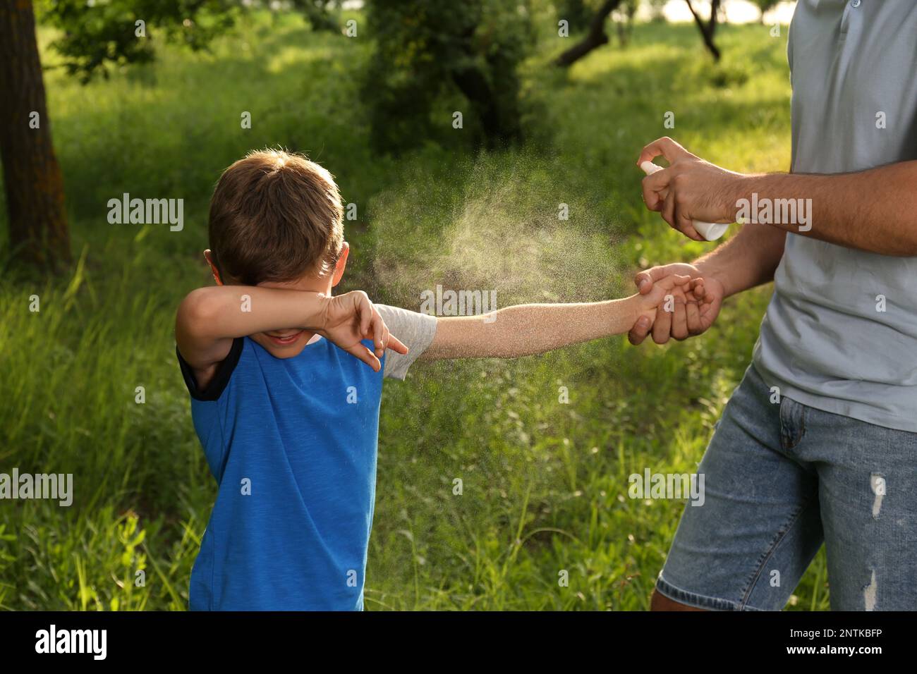 Man applying insect repellent on his son's arm in park, closeup. Tick ...
