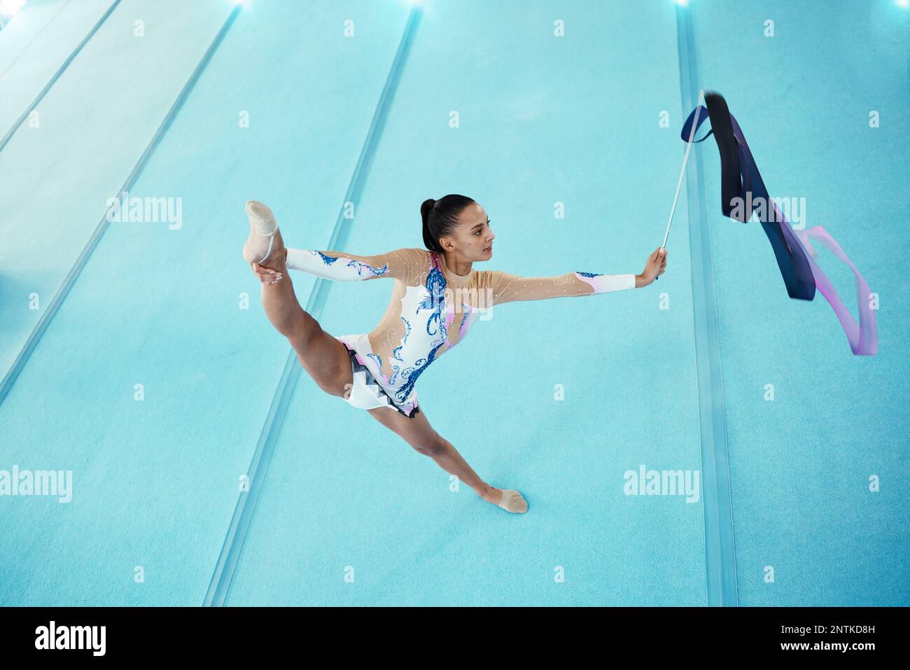 Gymnastics, woman with ribbon for dance and performance, flexibility ...