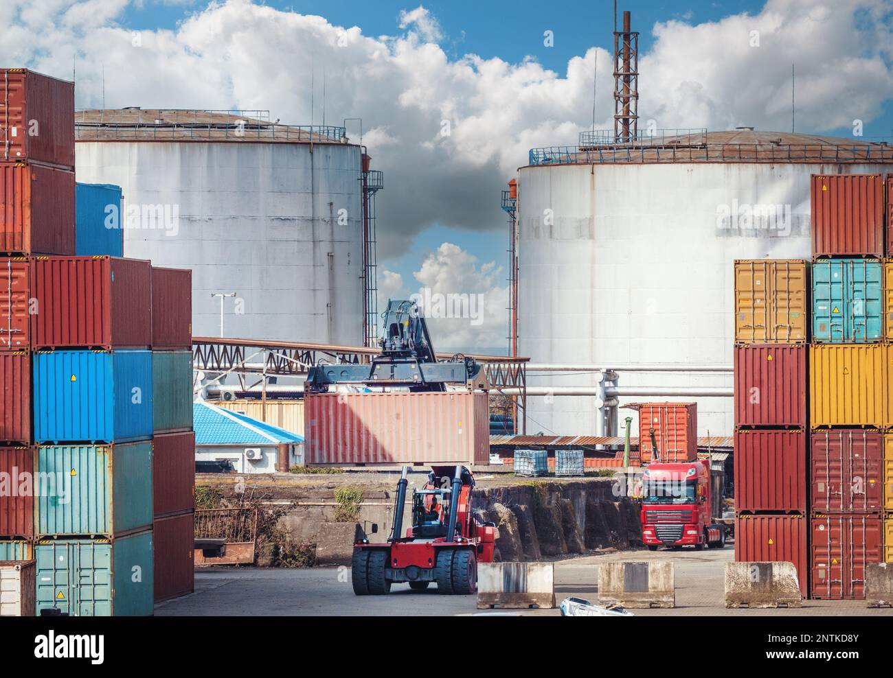 Freight industrial port with tanks for oil or gasoline, cargo ...