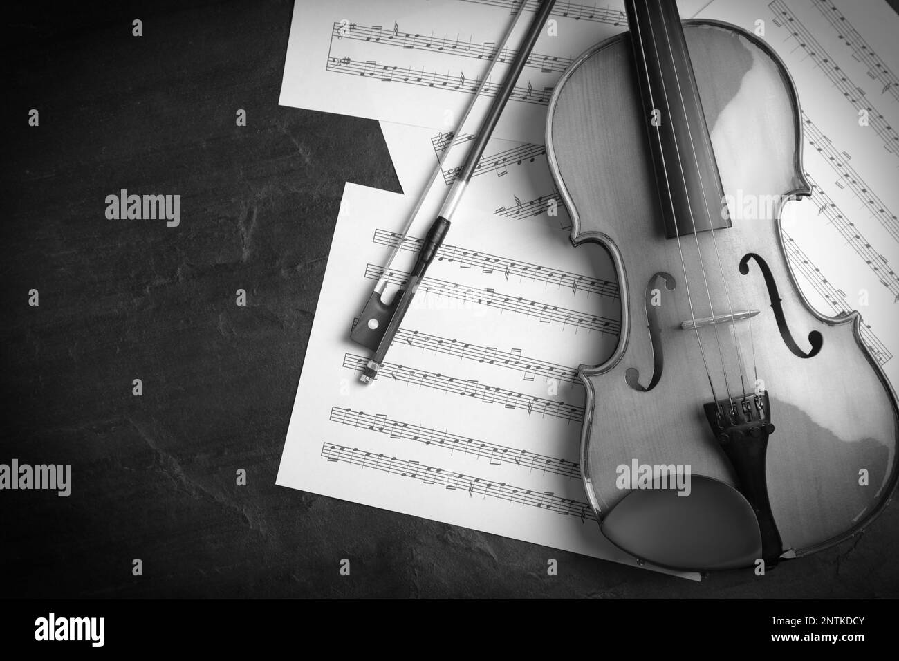 Violin, bow and note sheets on stone table, flat lay. Black and white ...