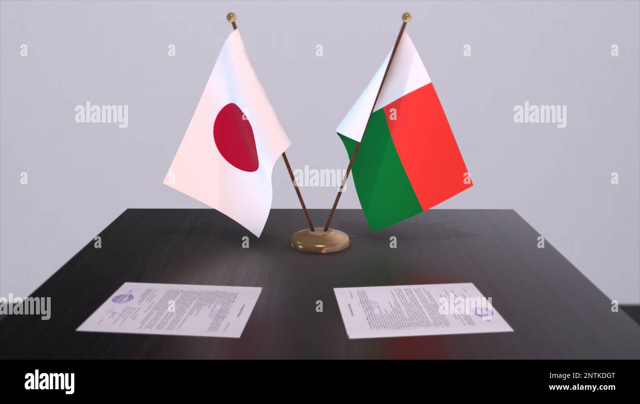 Madagascar and Japan national flags, political deal, diplomatic meeting ...