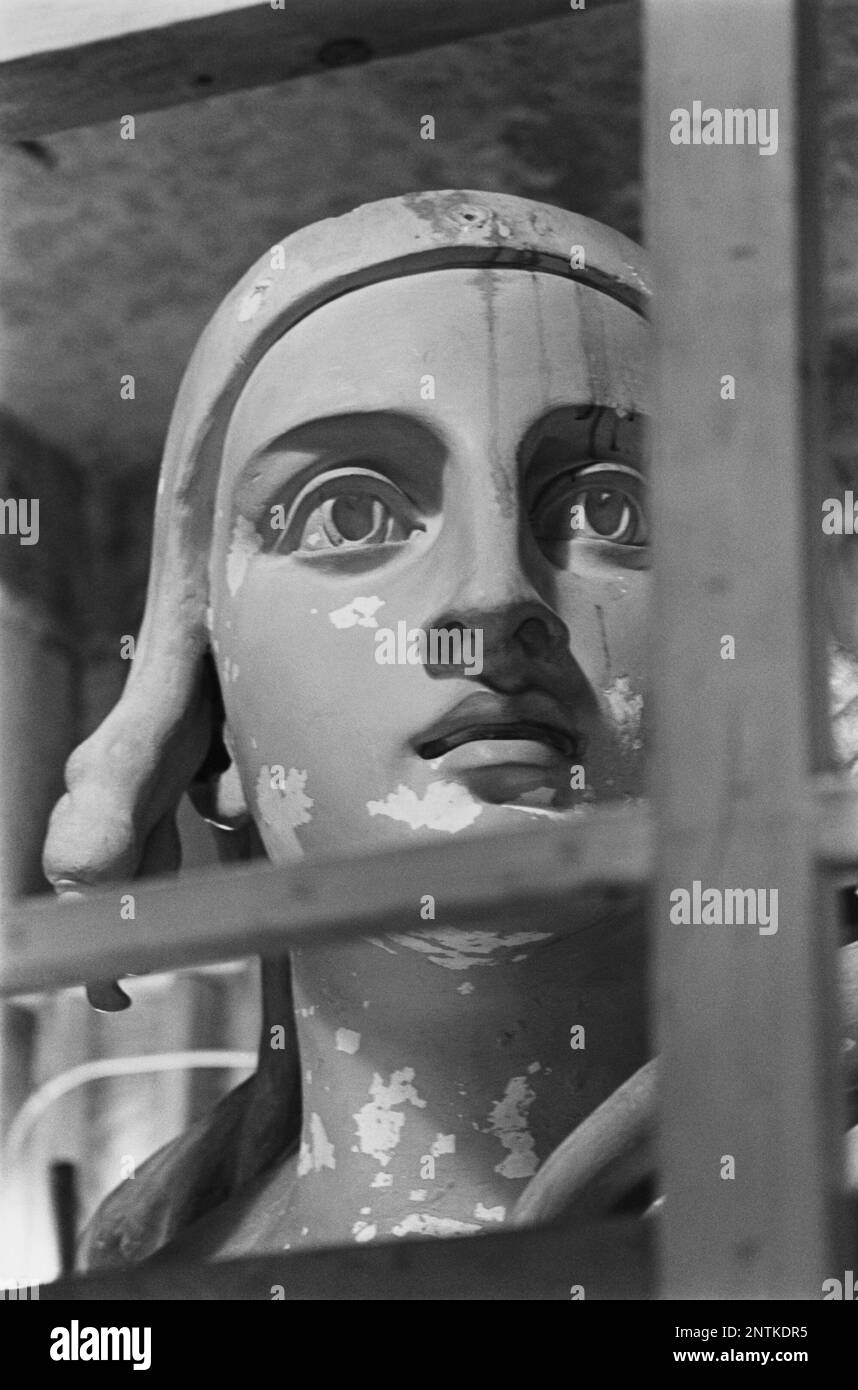 Up close facial shot of plaster cast of Statue of Freedom. She is in ...