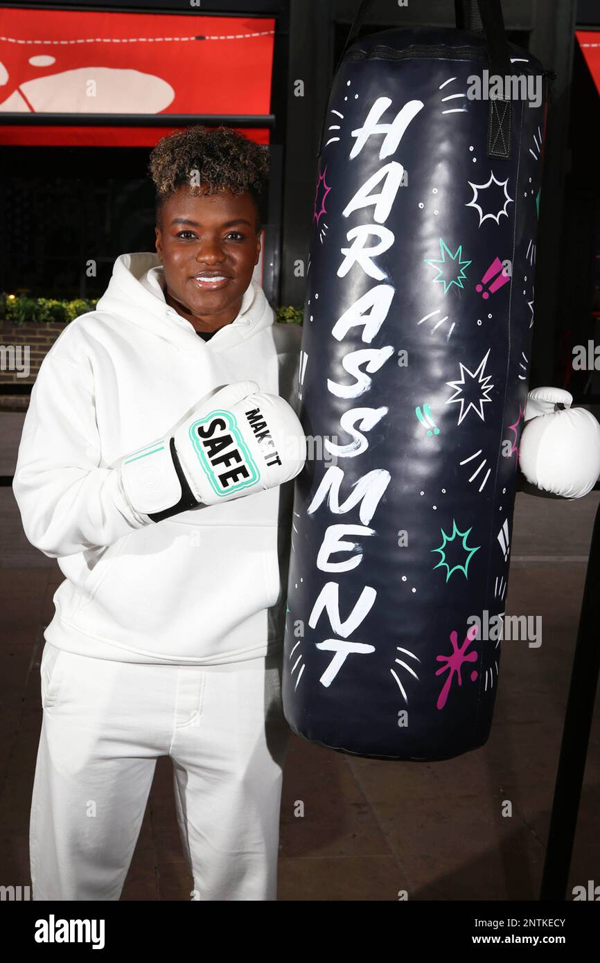 EDITORIAL USE ONLY Nicola Adams with a punch bag representing a key ...