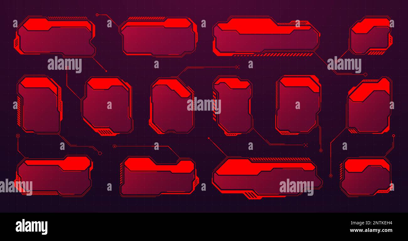 Red futuristic HUD or UI elements. Sci-fi user interface text boxes, callouts. Warning message ...