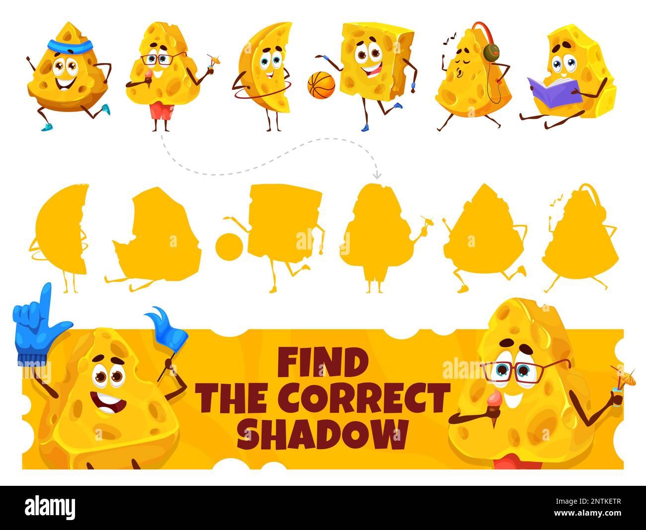 Cartoon maasdam and gouda cheese characters, find the correct shadow ...
