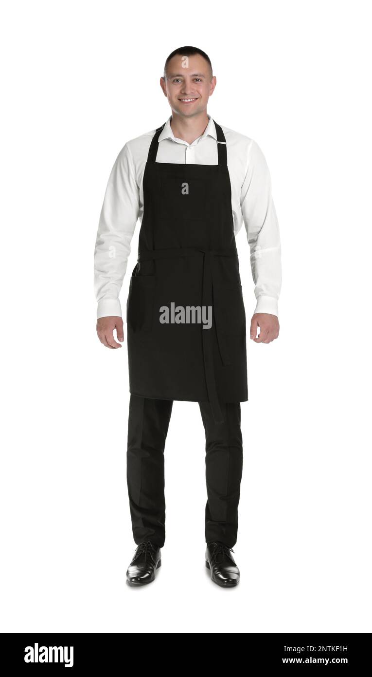Full length portrait of happy young waiter in uniform on white ...