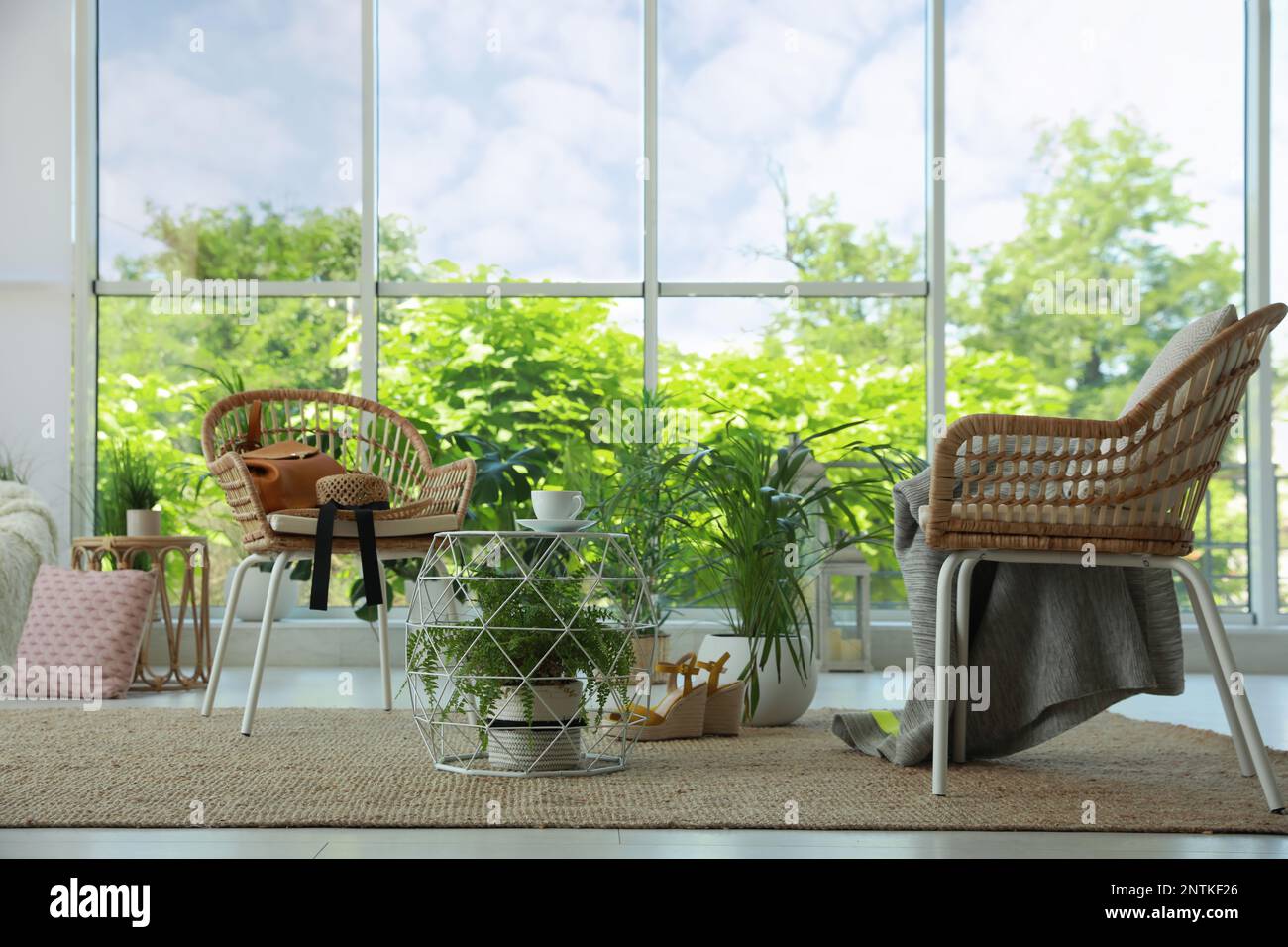 Indoor terrace interior with elegant furniture and houseplants Stock ...