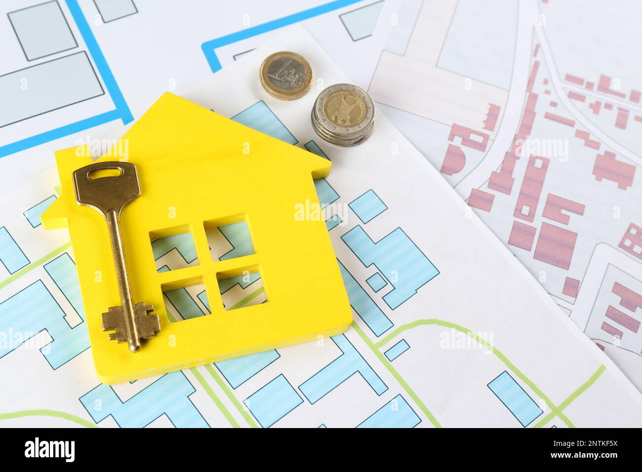 Money and yellow house model with key on cadastral maps Stock Photo - Alamy