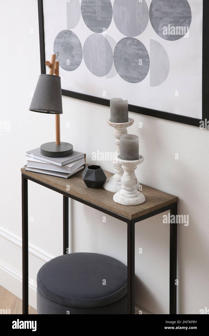 Hallway with stylish console table and picture. Interior design Stock ...