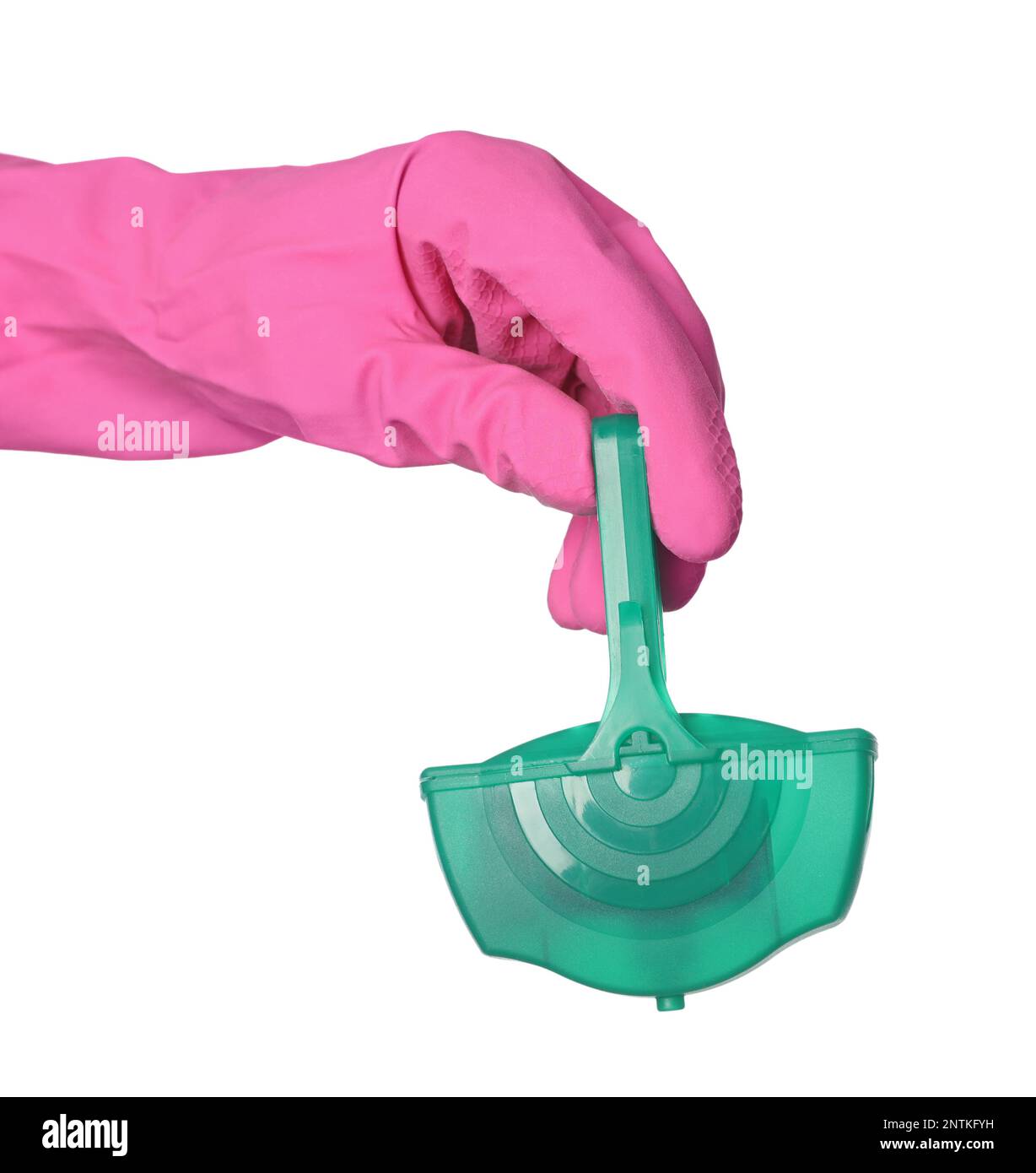 Woman holding toilet rim block cleaner on white background, closeup ...