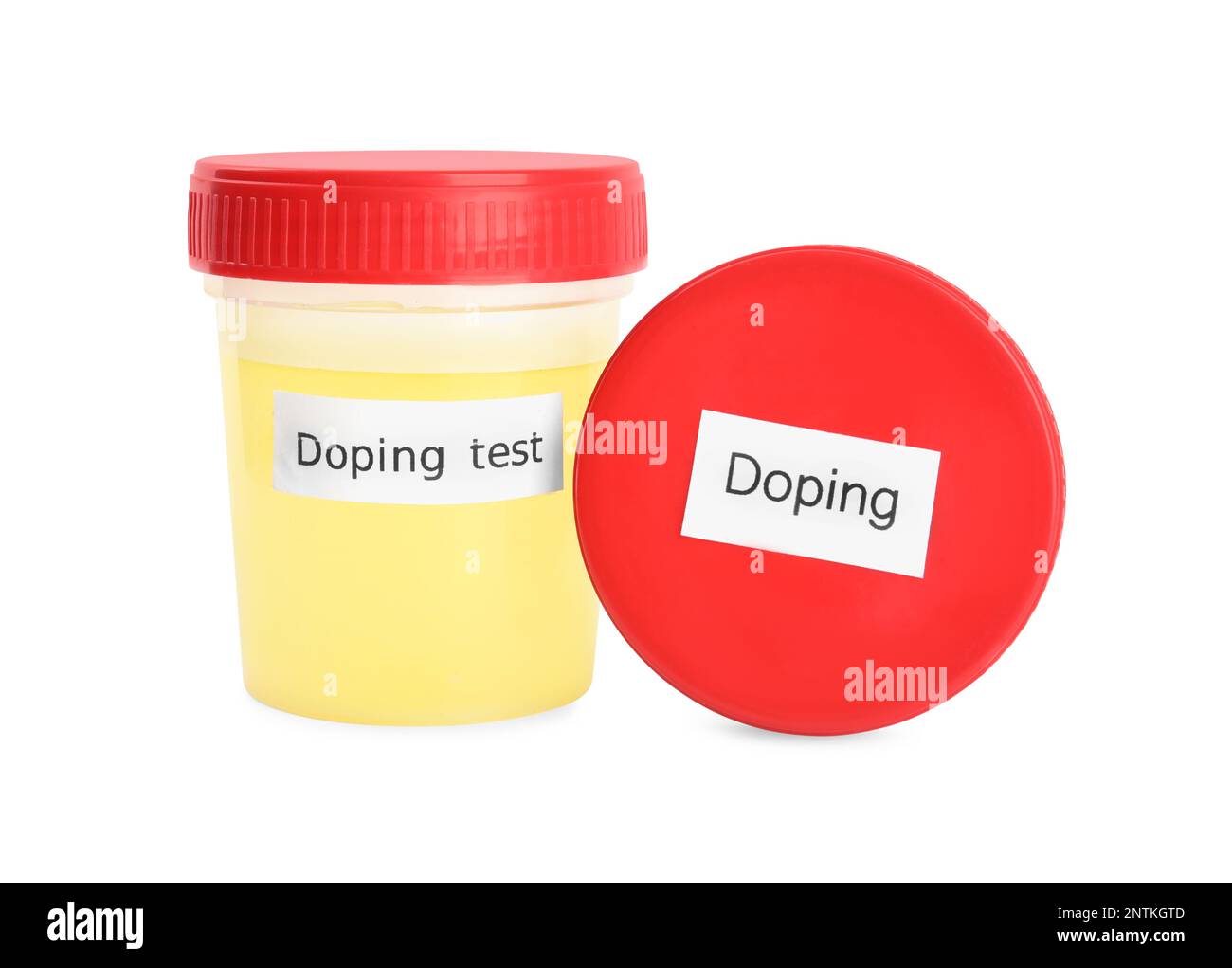 Containers with samples of urine for doping control isolated on white ...