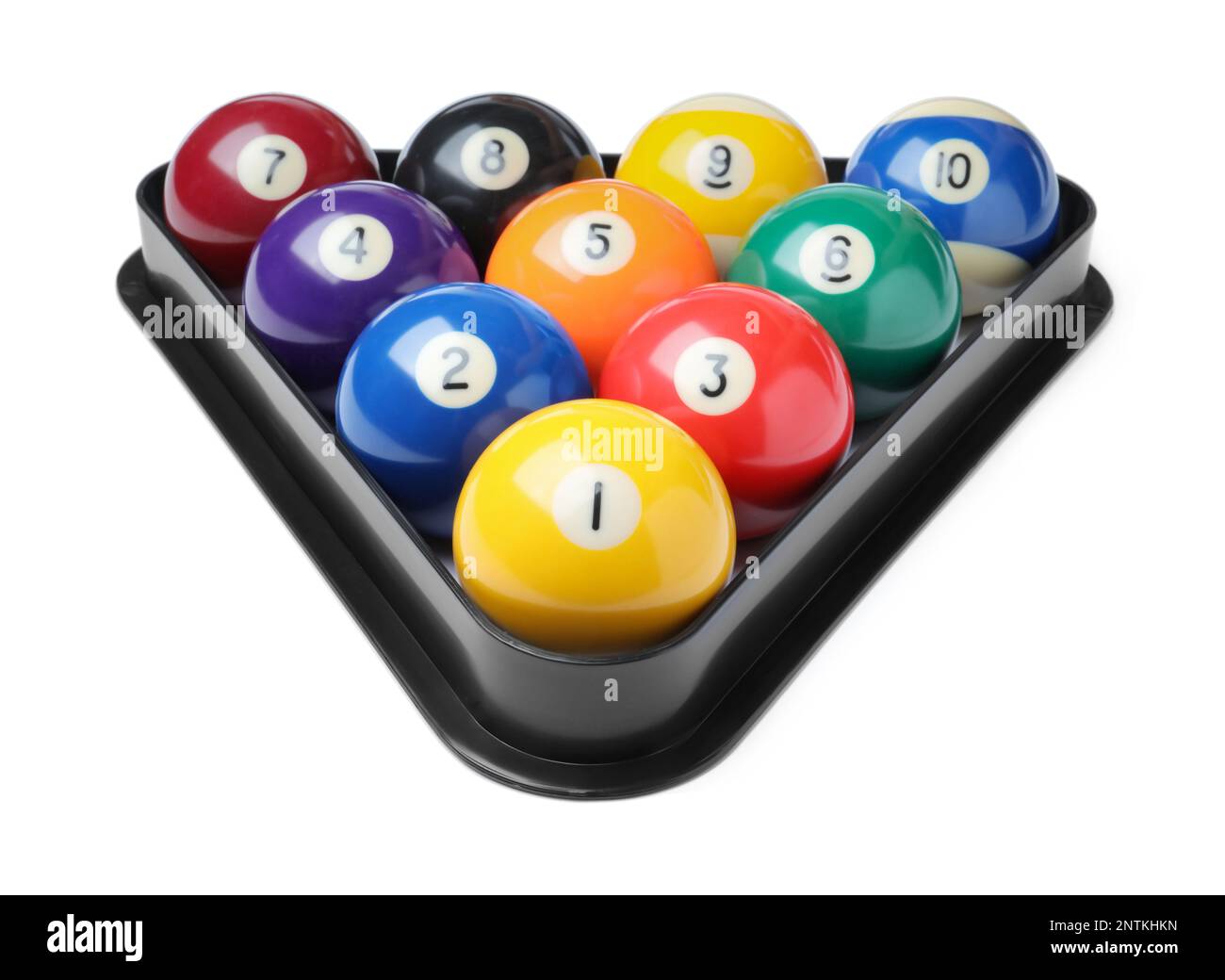 Plastic rack with billiard balls on white background Stock Photo - Alamy