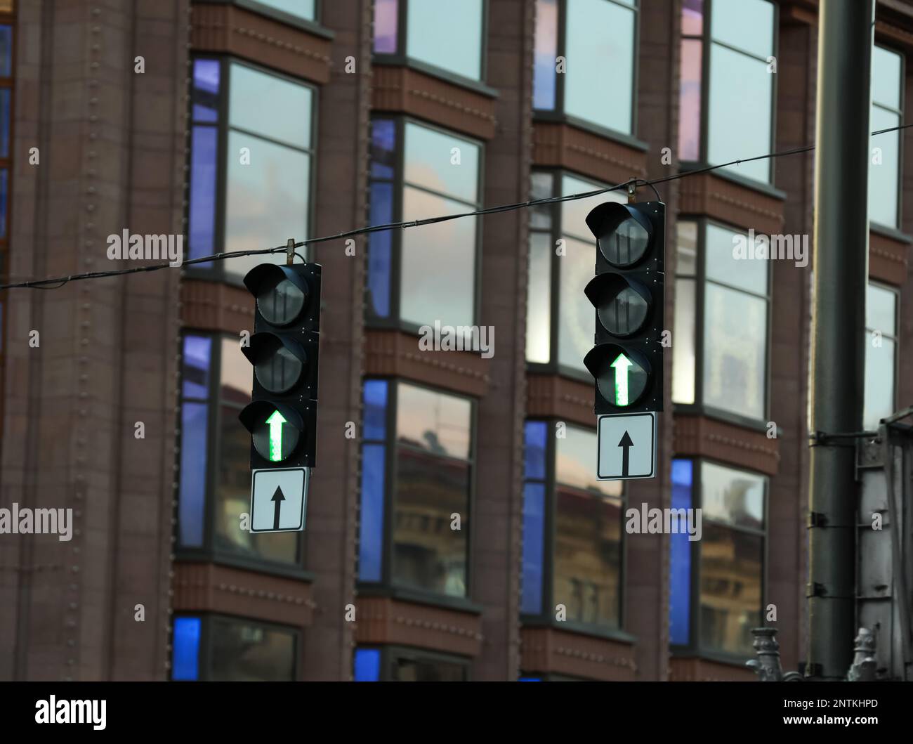View of traffic lights and road signs in city Stock Photo - Alamy