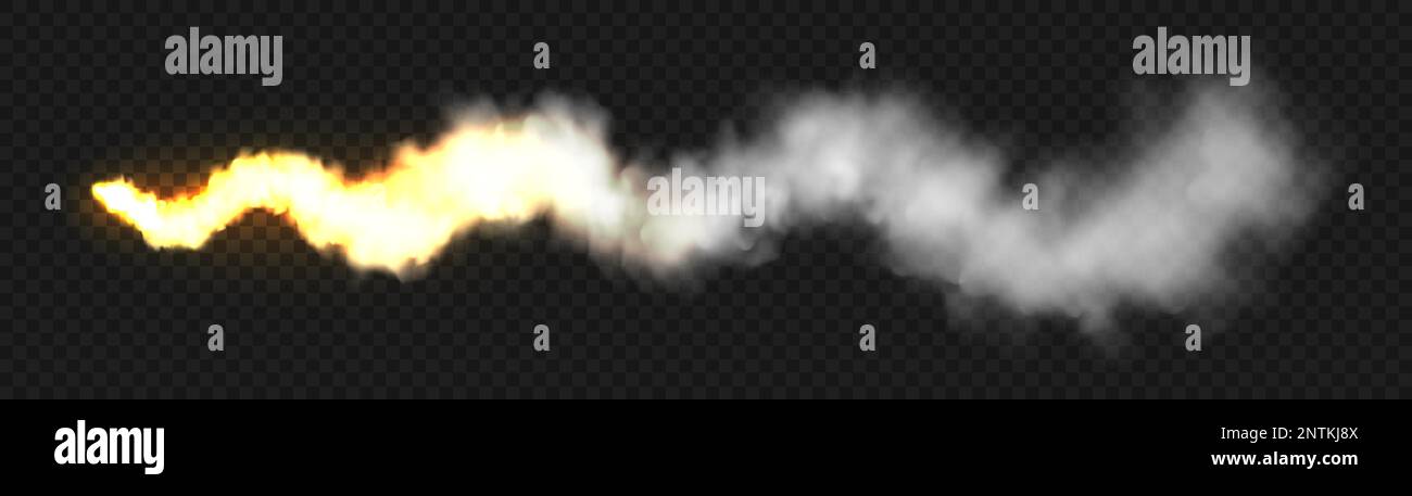 Realistic white smoke with fire, space rocket launch trail. Fire burst ...