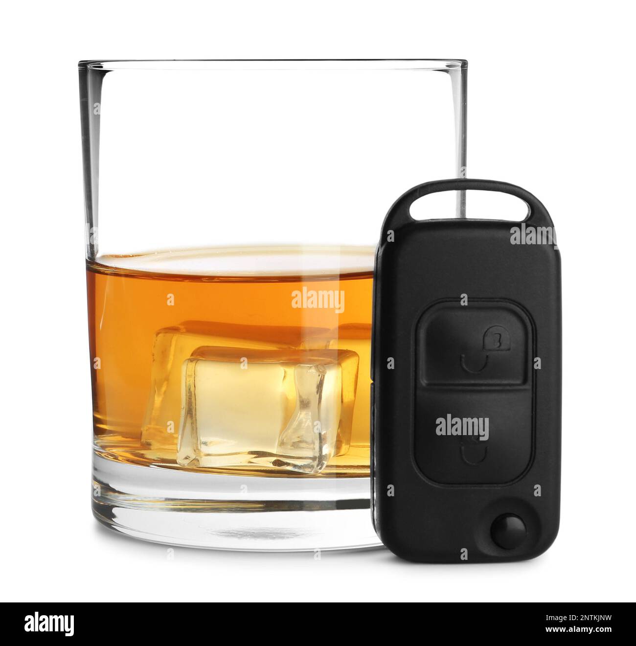 Glass of alcohol and car key isolated on white. Drunk driving concept ...
