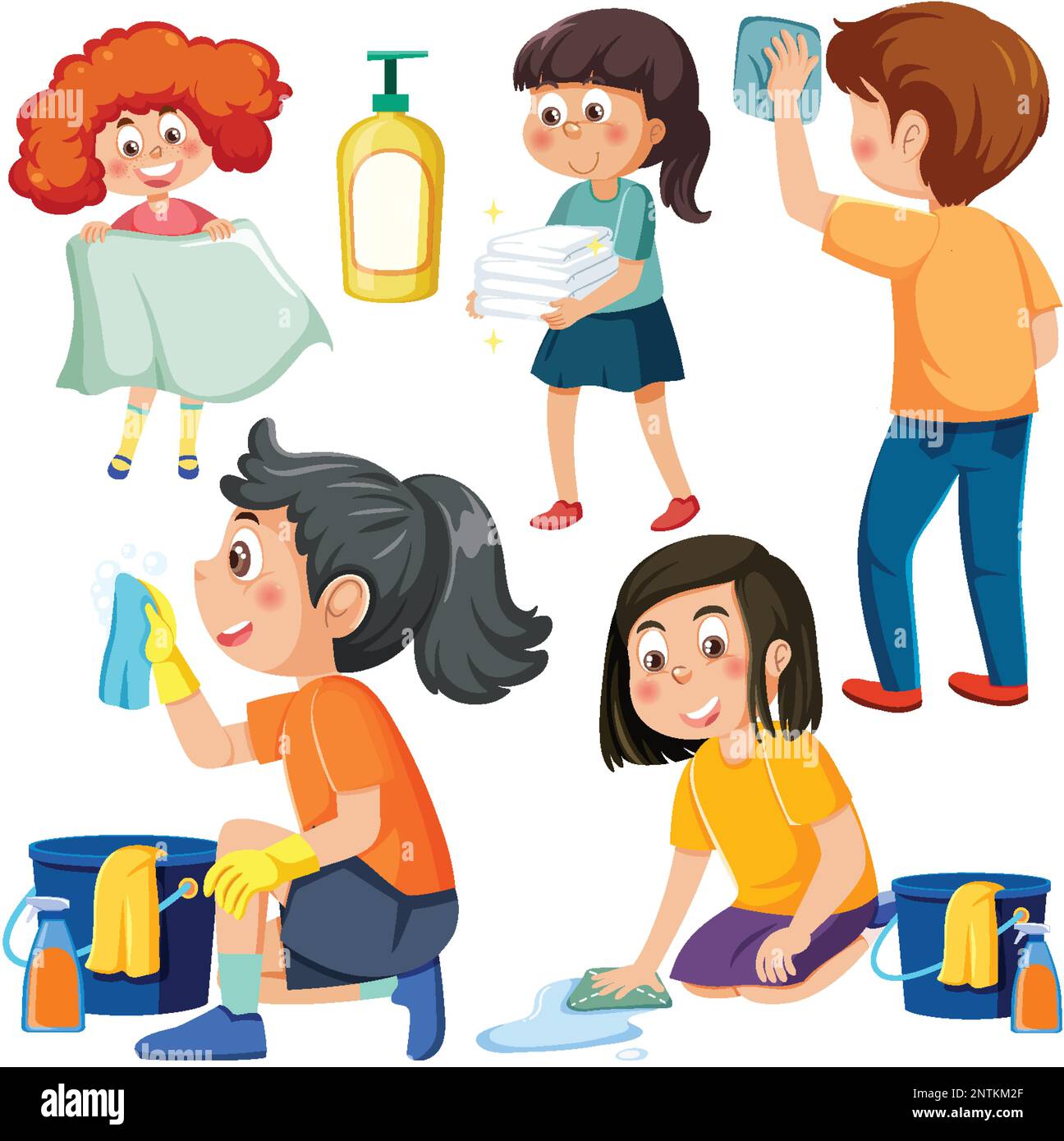 Set of children doing chores with household equipments illustration ...