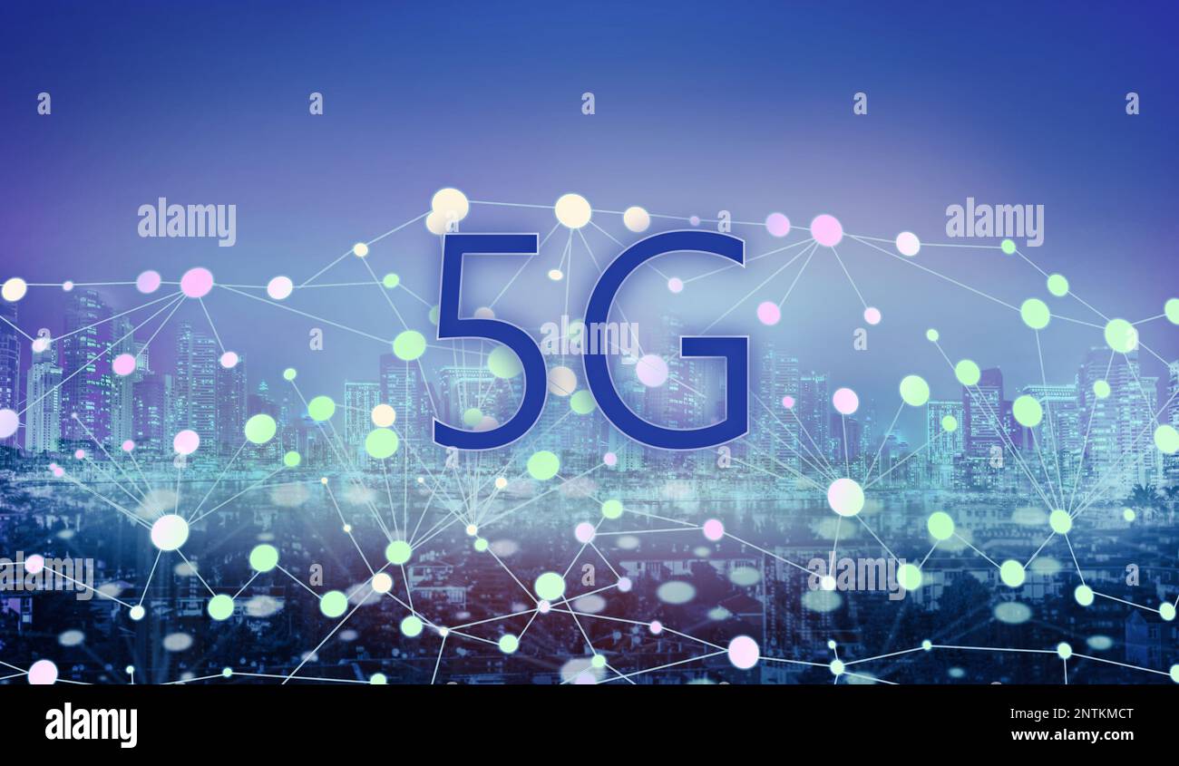 5G network wireless system. Beautiful cityscape and network connection ...