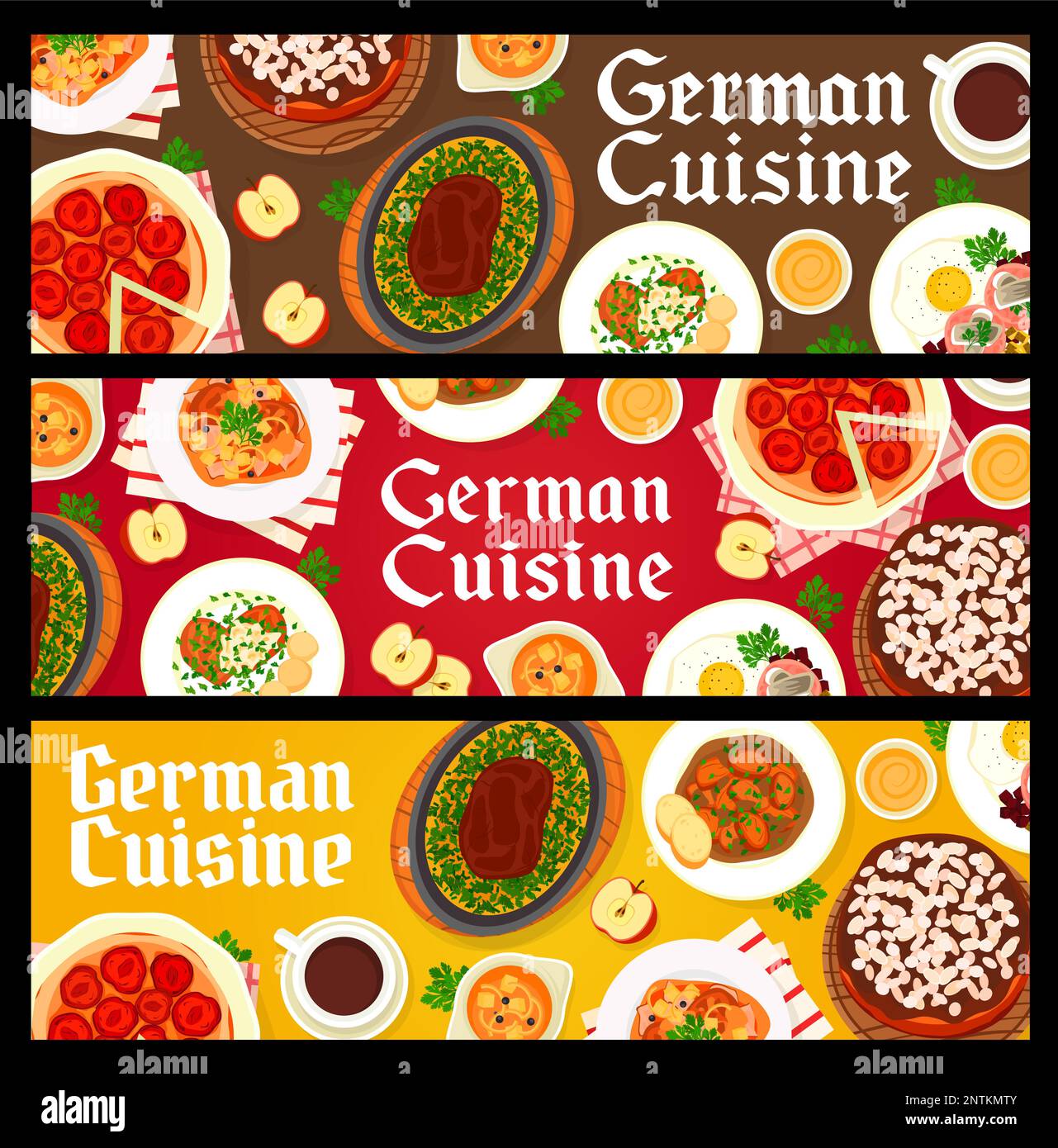 German cuisine restaurant food banners. Pork vegetable stew, pork ...
