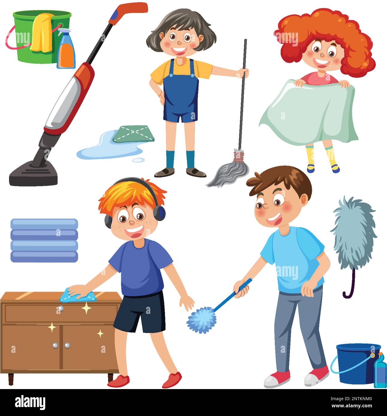 Set of children doing chores with household equipments illustration ...