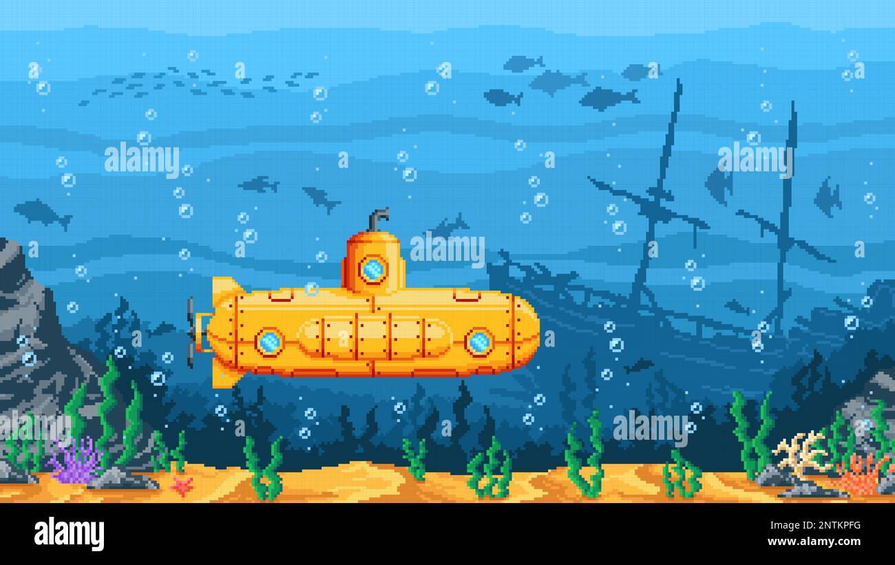 Pixel game submarine, underwater landscape. Vector pixelated background ...