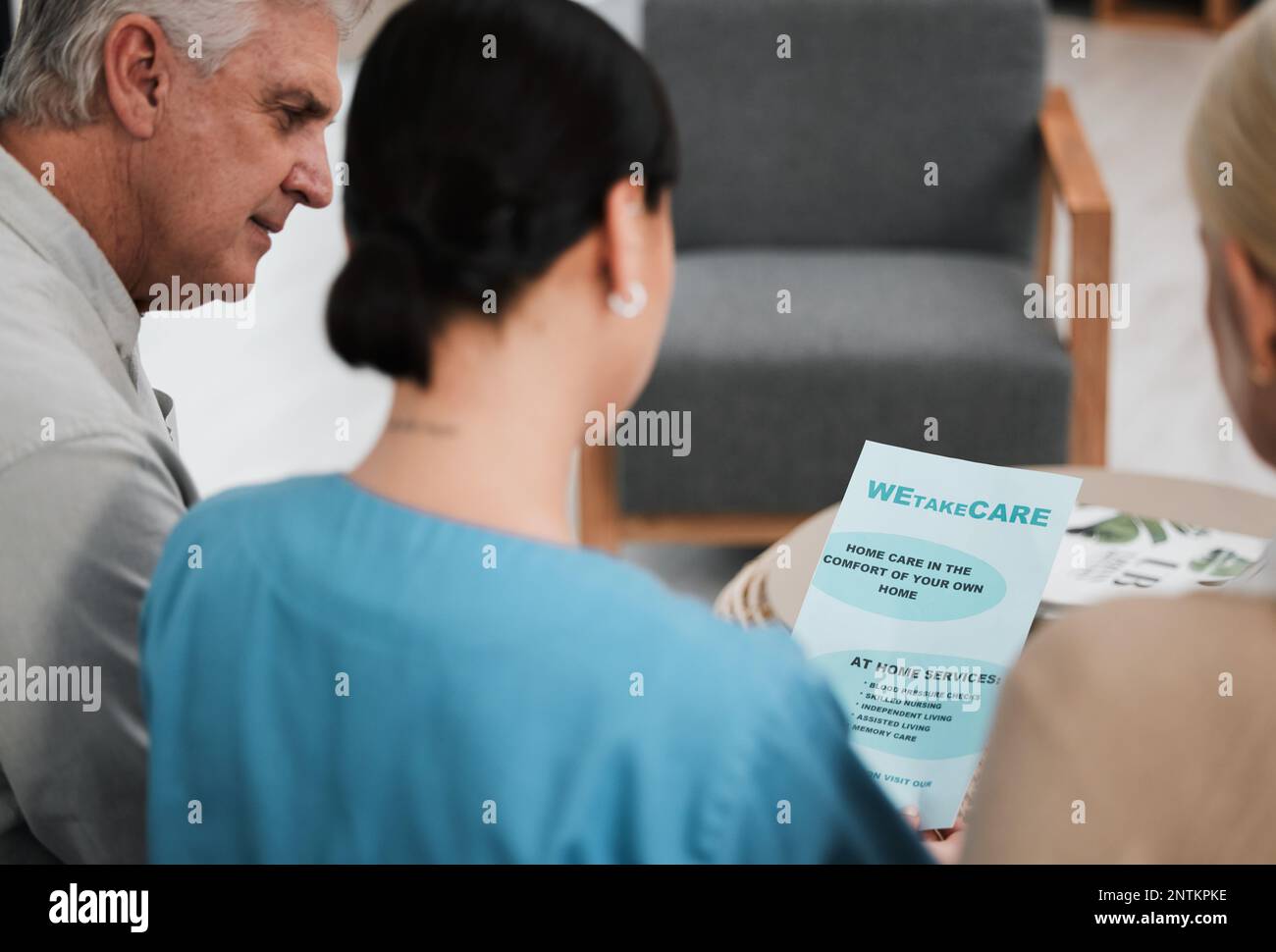 Senior couple, doctor and nurse document pamphlet for hospital and ...