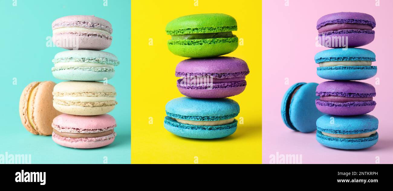 Collage with photos of delicious macarons on different color ...