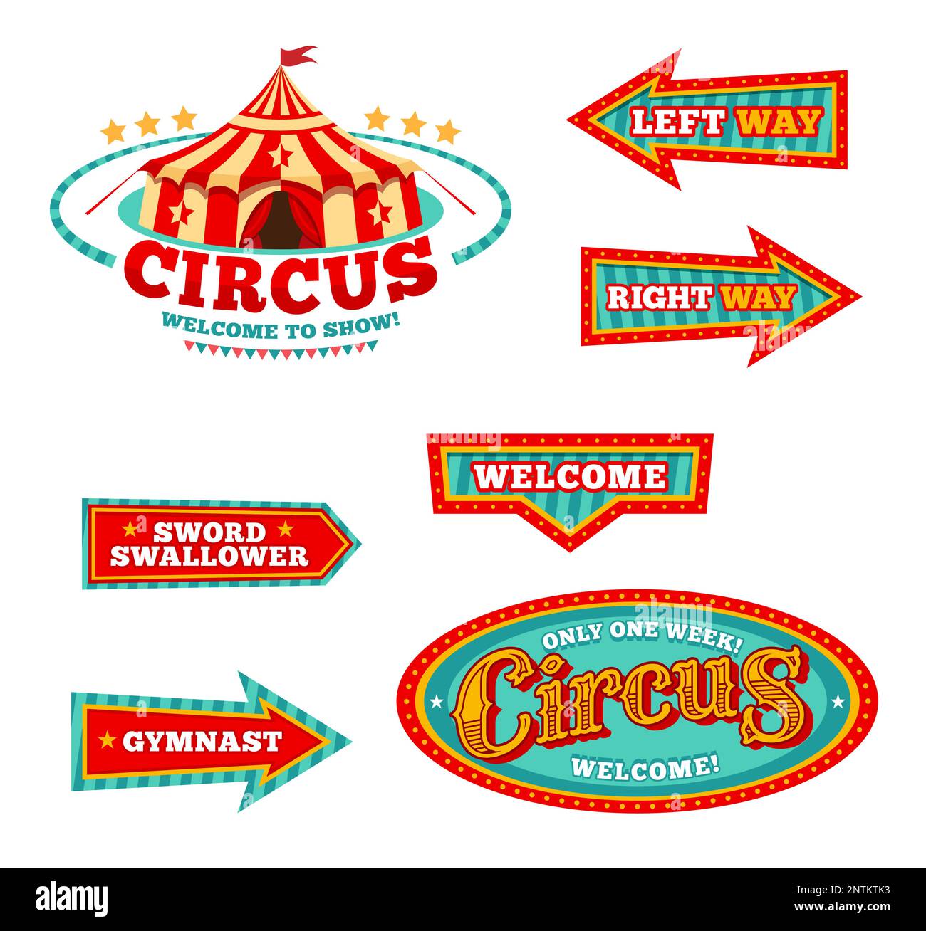 Circus carnival signs. Marquee vintage pointers, welcome signboard and ...