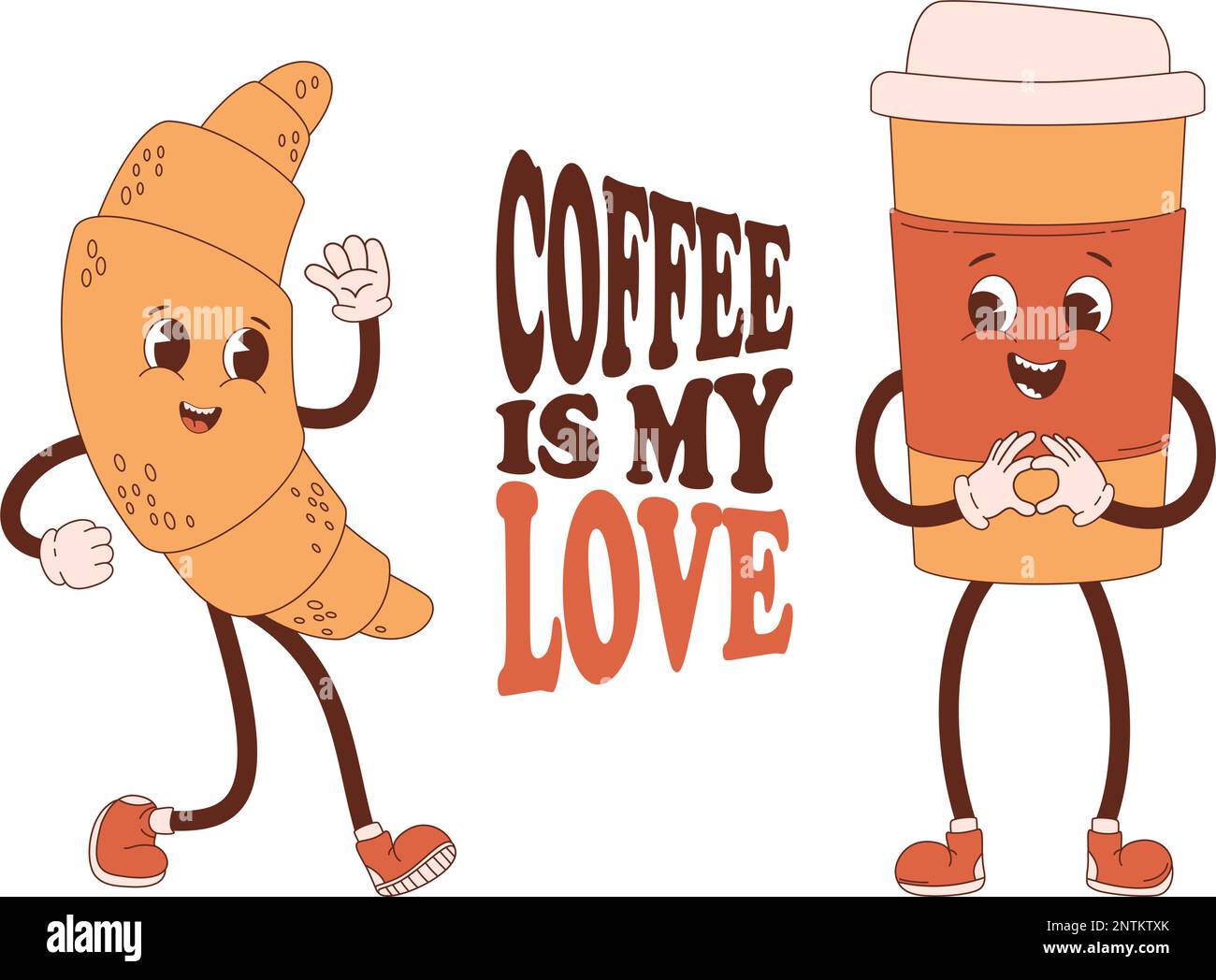 Cute retro characters. Cool coffee in paper cup takeaway and croissant ...