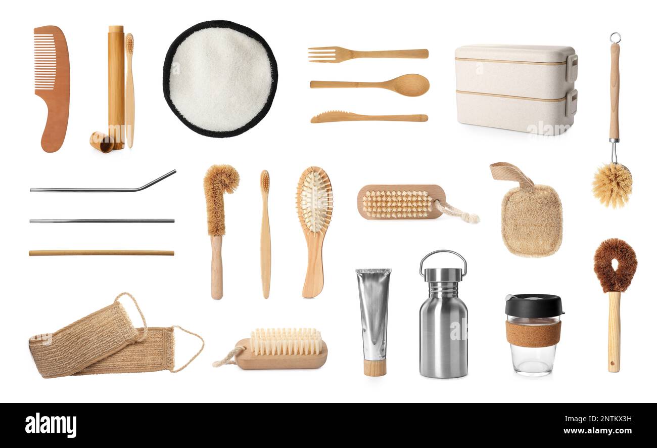 Set with different eco friendly stuff on white background. Conscious ...