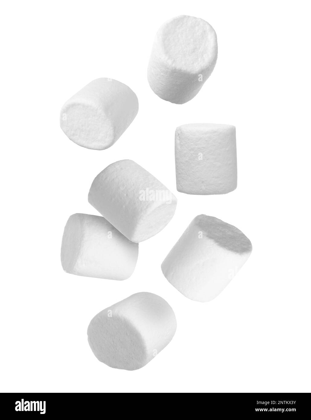 Delicious sweet puffy marshmallows flying on white background Stock ...