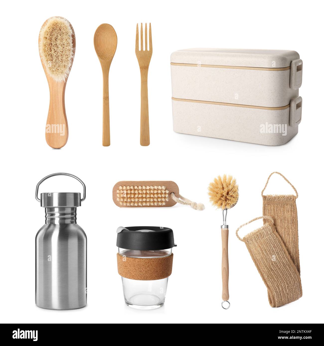 Set with different eco friendly stuff on white background. Conscious ...