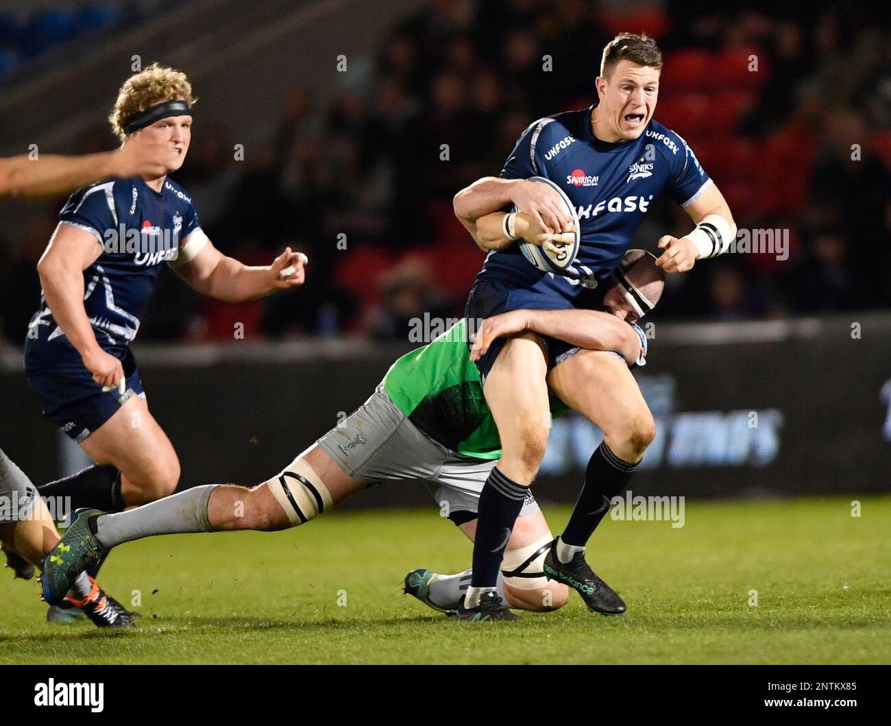 Sale Sharks centre Sam James makes a break during a Gallagher ...