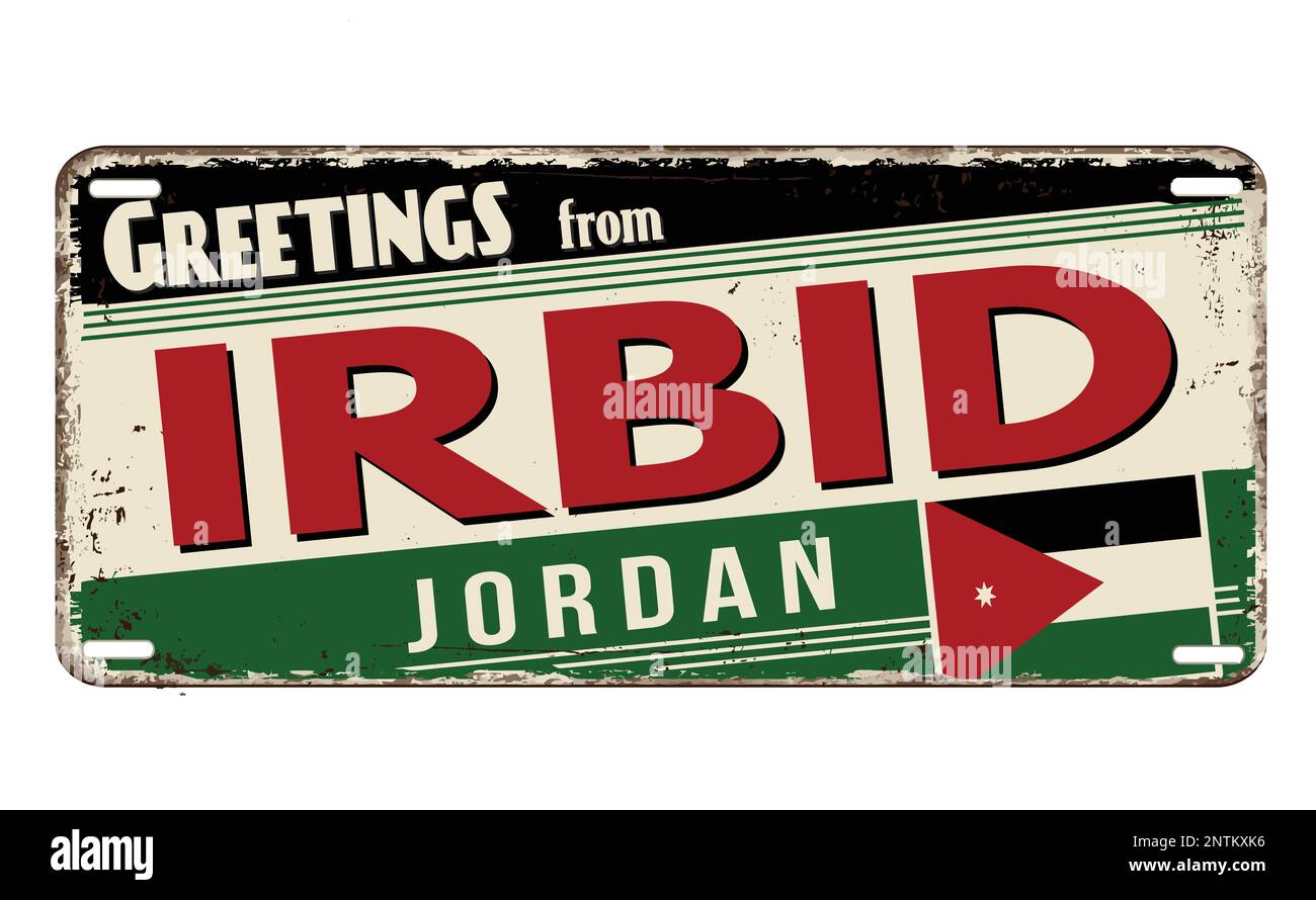 Greetings from Irbid vintage rusty metal sign on a white background, vector illustration Stock ...