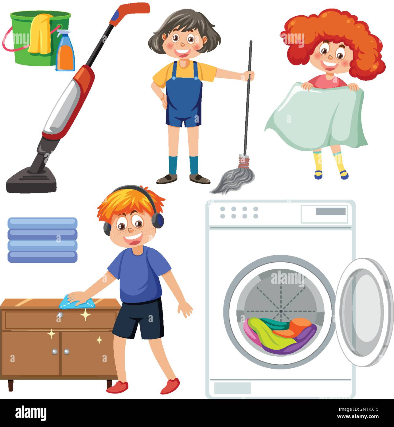 Set of children doing chores with household equipments illustration ...