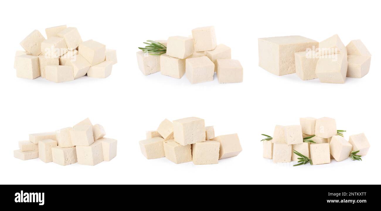 Set with tasty raw tofu on white background. Banner design Stock Photo ...